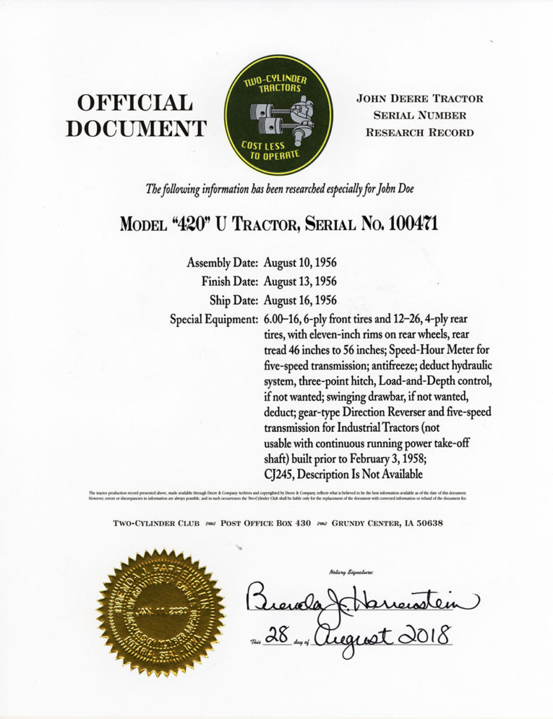 Tractor Serial Number Research - Two-Cylinder