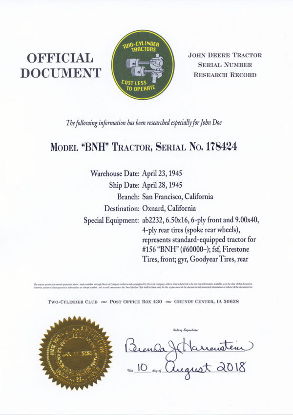 Tractor Serial Number Research - Two-Cylinder